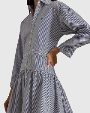 Polo Ralph Lauren Pinstriped Cotton Drop-waist Mini Shirtdress - White/fall