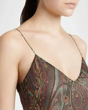 Etro Metallic Paisley Silk Ruffle Midi Slip Dress