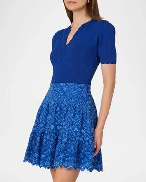 Shoshanna Fallon Eyelet-embroidered Mixed Media Mini Dress
