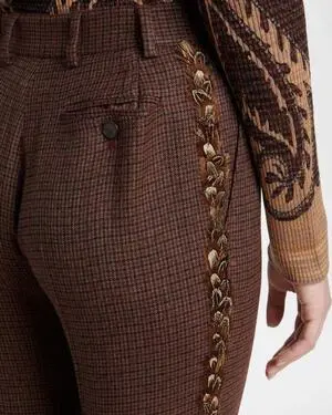 Etro Feather-trim Check Wool Straight-leg Trousers Multicolor