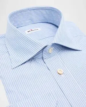 Kiton Apos;s Cotton Fine Stripe Dress Shirt With Mother-of-pearl Buttons - Blue