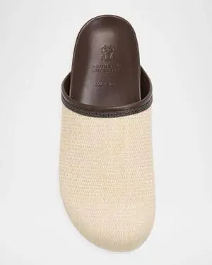 Brunello Cucinelli Monili Leather-trimmed Raffia Mules
