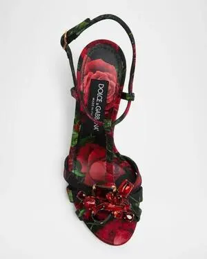 Dolce & Gabbana 105mm Embellished Rose-printed Satin Sandals - Rosef.nero
