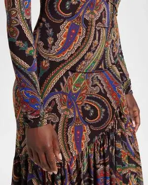 Etro Long-sleeve Paisley Jersey Ruffle Midi Dress