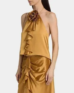 Cinq À Sept Hallie Silk Rose Ruffle Top - Honey Clov
