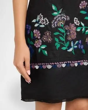 Johnny Was Beaded Floral-embroidered Linen Tank Dress - Black