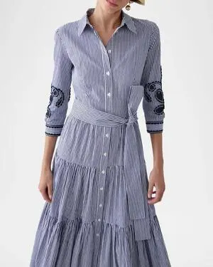 Carolina Herrera Paisley Embroidered 3/4-sleeve Tiered Midi Shirtdress - White Blue