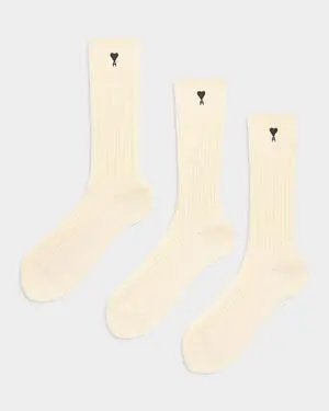 AMI Paris Apos;s Embroidered Three-pack Ribbed Crew Socks - Ecru