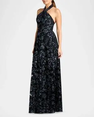 Dress The Population Manon Halterneck Gown - Black Mult