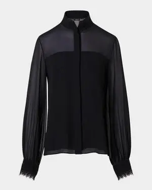 Akris Silk Georgette Embroidered Scarf Blouse - Black