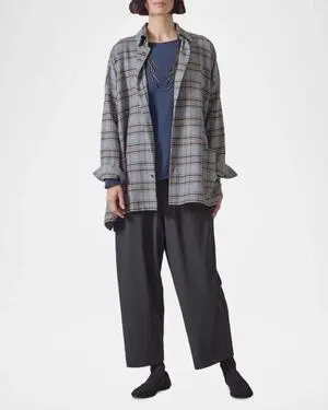 Eskandar Wide A-line Shirt Jacket With Collar Long Length - Grey/camel
