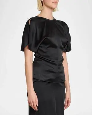 Victoria Beckham Bela Draped Satin Short-sleeve Top