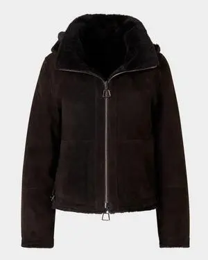Akris Dino Reversible Lamb Shearling Zip Jacket With Detachable Hood - Coffee