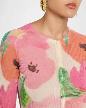 Lafayette 148 New York Floral-print Rib Knit Cardigan