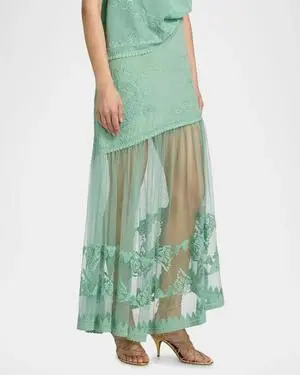 Ulla Johnson Elspeth Floral-embroidered Sheer Silk Midi Skirt