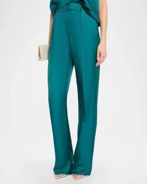 Lapointe Belted Silk Pleated Straight-leg Trousers