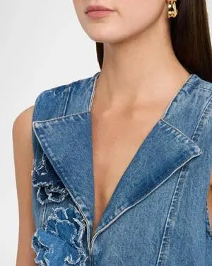 GANNI Denim Floral Appliqué Mini Dress - Mid Blue S