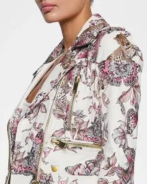 L & APOS;AGENCE Blakely Printed Leather Biker Jacket - White Multi