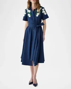 Carolina Herrera Rose Embroidered Short-sleeve Midi Shirtdress