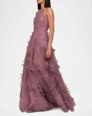 Theia Floral-embroidered Halter Tulle Gown