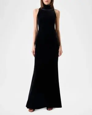 Akris Mock-neck Fringe Knot Sleeveless Velvet Trumpet Gown - Black