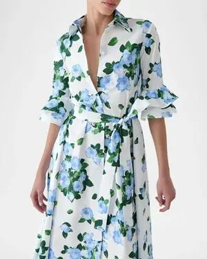 Carolina Herrera Tiered Ruffle Sleeve Belted Midi Shirtdress