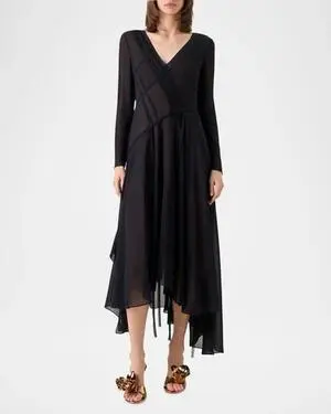 Akris Asymmetric Seamed Silk Georgette Long-sleeve Midi Dress