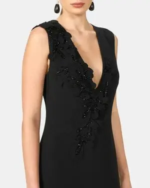 Costarellos Jevi Embellished V-neck Crepe Sleeveless Column Gown