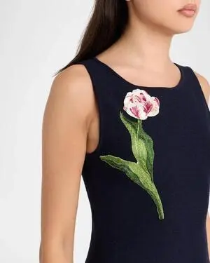 Oscar De La Renta Sleeveless Floral Embroidered Wool Knit Mini Dress - Navy