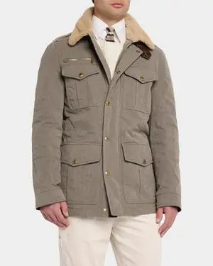 Brunello Cucinelli Apos;s Shearling-collar Waxed Techno Cotton Safari Jacket - Army