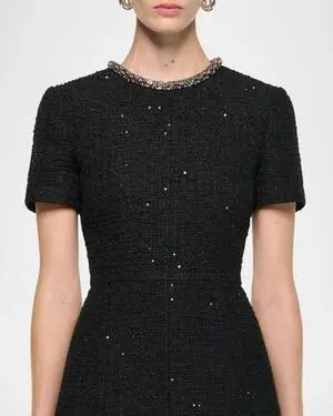 Roland Mouret Embellished-neckline Sequin Tweed Short-sleeve Midi Dress - Black