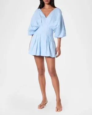 NICHOLAS Pleated Blouson-sleeve Linen Mini Dress