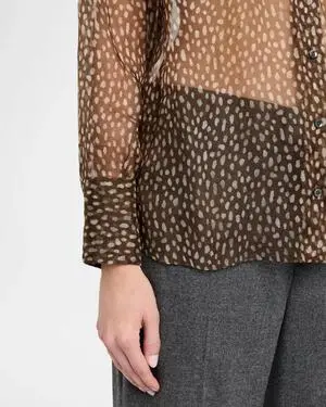 Brunello Cucinelli Pois-lier Print Long-sleeve Silk Blouse - Chocolate