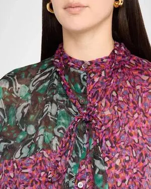 Dries Van Noten Patchwork-print Silk Plisse Neck-scarf Bubble Blouse