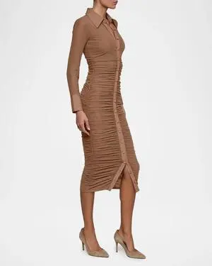 L & APOS;AGENCE Adriana Ruched Body-con Midi Shirtdress