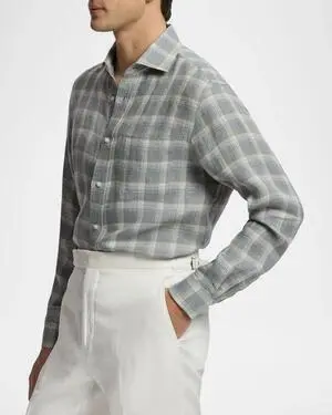 Ralph Lauren Purple Label Apos;s Plaid Linen Twill Shirt - Grey