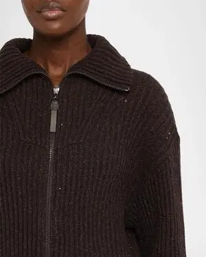 Brunello Cucinelli Shimmering Cashmere-wool Rib Zip Cardigan
