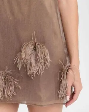 Staud Albee Feather-embellished Mesh Mini Dress