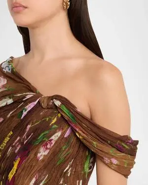 Oscar De La Renta One-shoulder Mixed Botanical Silk Chiffon Gown - Brown Multi