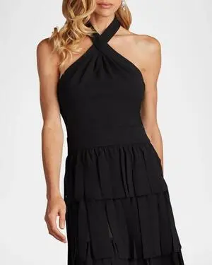 Tadashi Shoji Tiered Car Wash Crepe Halter Dress - Black