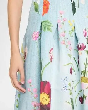 Oscar De La Renta Mixed Botanical Print Cotton Pleated Sleeveless Gown