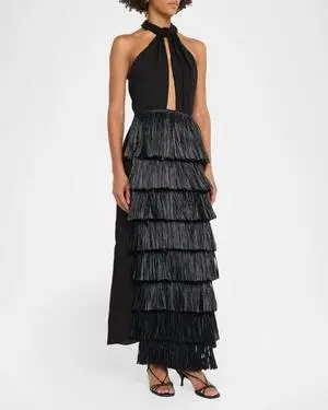 Johanna Ortiz Donde El Cielo Desciende Tiered Fringe Maxi Dress - Black