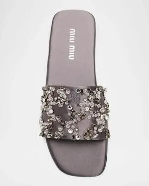 Miu Miu Embellished Satin Slide Sandals - Ferro