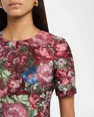 Adam Lippes Evangeline Floral Jacquard Short-sleeve Tea-length Dress