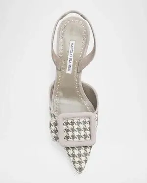 Manolo Blahnik 70mm Mayslibi Gala Houndstooth Suede Slingback Pumps - Grey/cream