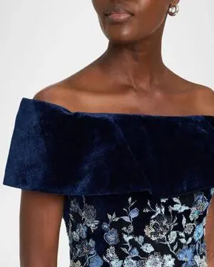 Rickie Freeman For Teri Jon Velvet & Floral-embroidered Tulle Off-the-shoulder Gown - Sapphire Multi