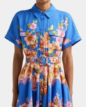 Hemant & Nandita Floral Linen-cotton Belted Mini Shirtdress - Blue