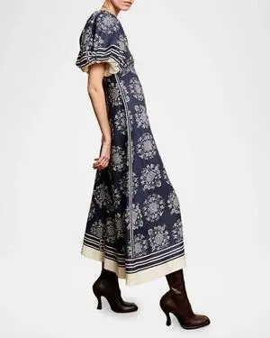 ALEMAIS Banderra Asymmetric Puff-sleeve Midi Dress