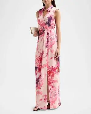 Aidan Mattox Floral Sateen A-line Maxi Dress