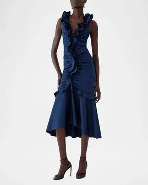 Carolina Herrera Sleeveless V-neck Ruched And Ruffled Midi Dress